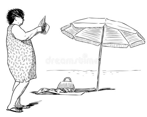 Sketch Of Elderly Woman On A Beach Holiday By The Sea Stock Vector
