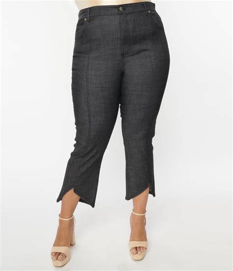 Smak Parlour Plus Size Black Denim Notched Capri Jeans Unique Vintage