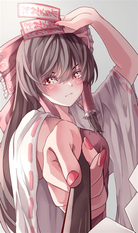 Safebooru 1girl Absurdres Amulet Arms Up Bangs Bare Shoulders Blush