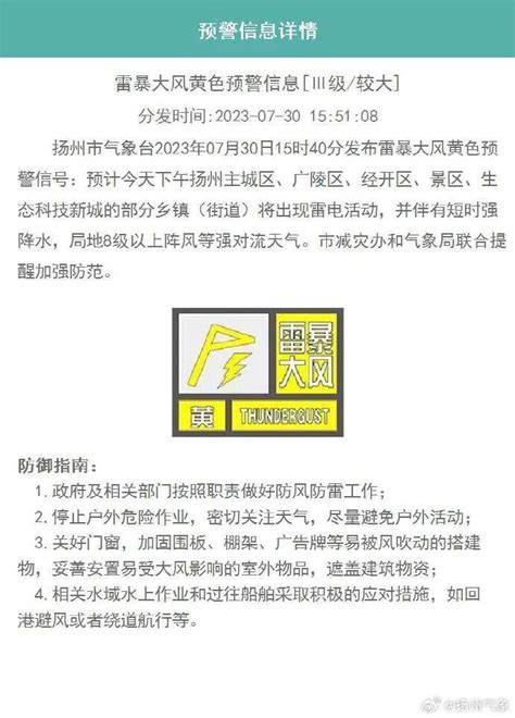 刚刚，雷暴大风黄色预警！卡努扬州市台风