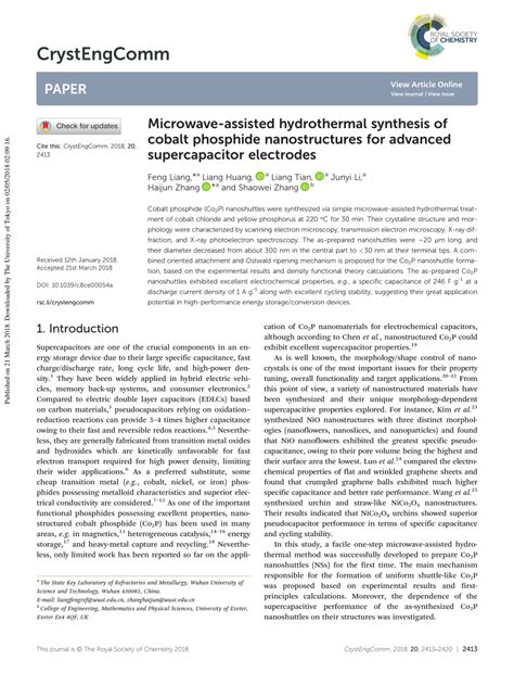 Pdf Microwave Assisted Hydrothermal Synthesis Of Cobalt Phosphide Nanostructures For Advanced