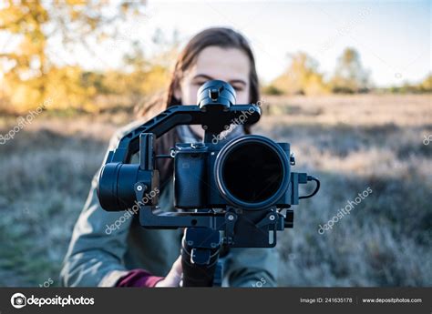 Female Videographer Holding Gimbal Mirrorless Camera Woman Stabilized
