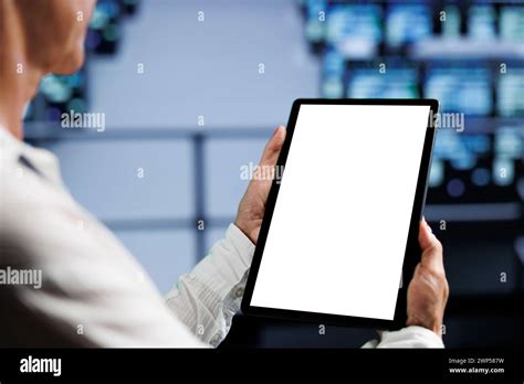 Close Up Shot Of Mock Up Tablet Used By Licensed It Expert In Data Center Using Server Rows To