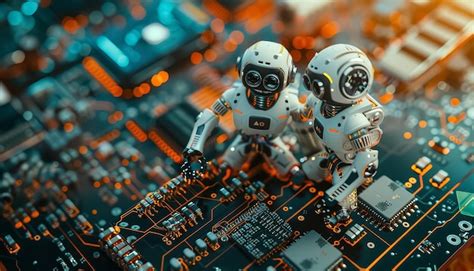 Two Robots Are Standing On A Circuit Board Premium Ai Generated Image