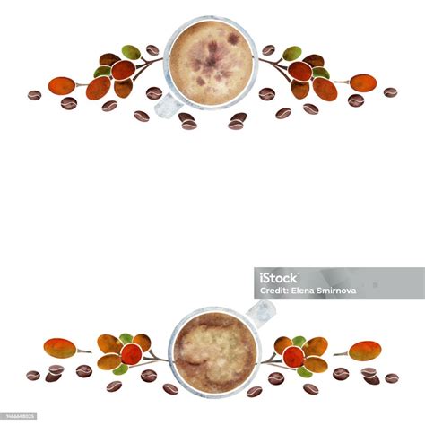 수채화 손으로 그린 테두리 프레임에는 카푸치노 커피 컵 신선하고 볶은 콩 녹색 잎이 있습니다 흰색 배경에 격리 초대장 카페 레스토랑 음식 메뉴 인쇄 웹 사이트 카드