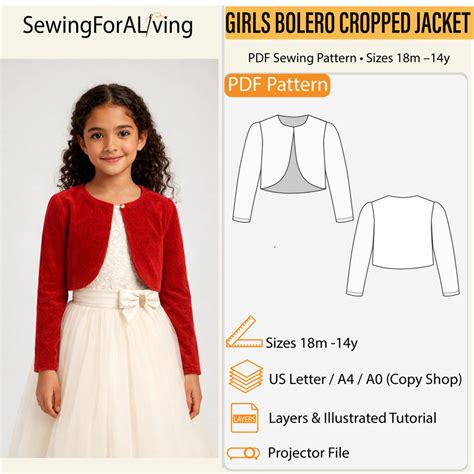 Girls Lined Bolero Cropped Jacket Sewing Pattern 18m 14y