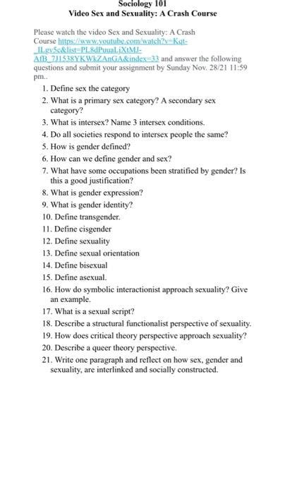 Solved Sociology 101 Video Sex And Sexuality A Crash Course Chegg Com
