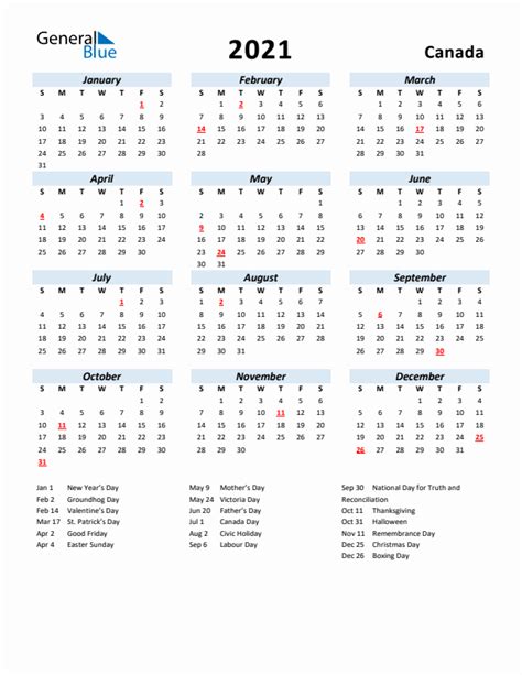 2021 Printable Calendar With Canada Holidays
