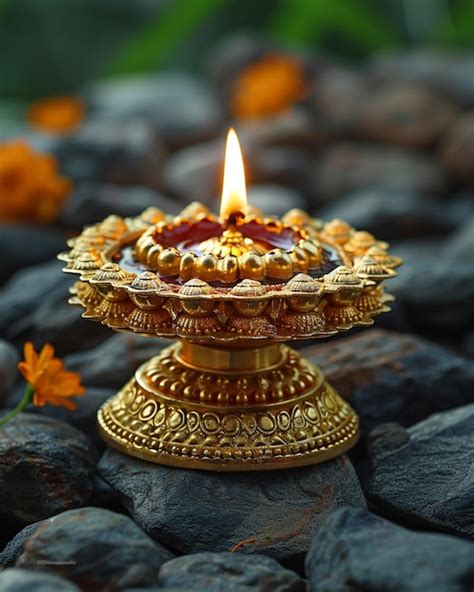 Golden Diya With Traditional Look Flat Background Premium Ai