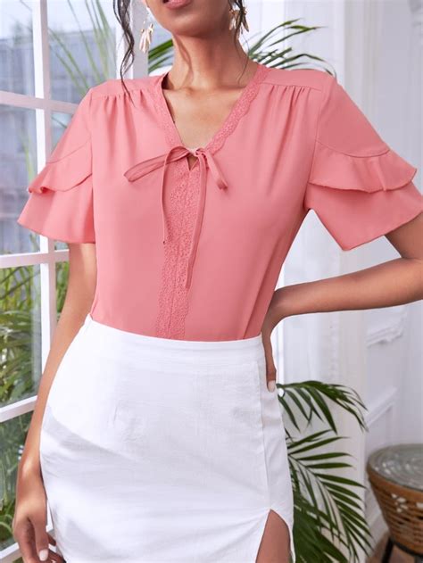 Contrast Lace Tie Front Blouse Western Blouse Designs Women Blouses