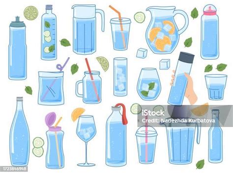 만화 물병 레몬과 함께 귀여운 음료 신선한 오이의 원입니다 캡이 있는 플라스틱 및 유리 용기 얼음 조각 차가운 음료 액체용 파란색 플라스크 최근 벡터 세트 일러스트레이션에