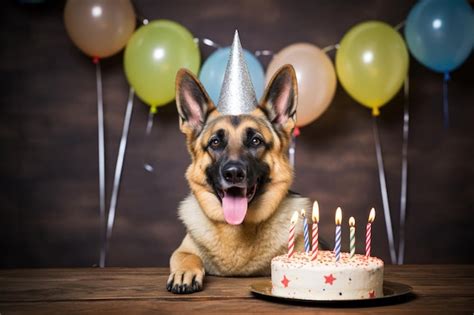 Perro celebra cumpleaños con pastel y sombrero festivo Foto Premium