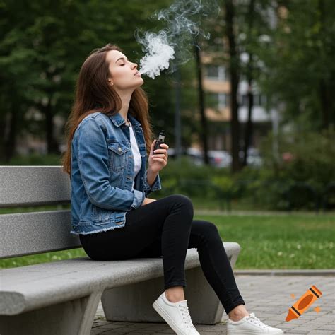A Photorealistic Image Of A Young Woman With Long Brown Hair Sitting On A Park Bench And Vaping