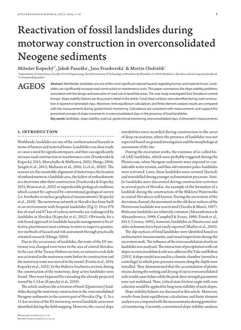 Pdf Reactivation Of Fossil Landslides During Motorway Construction In Overconsolidated Neogene