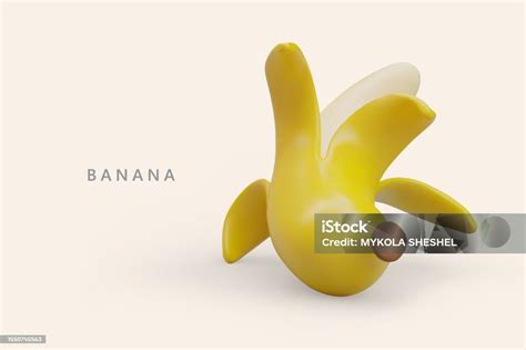 반짝이는 피부를 가진 노란색 반쯤 껍질을 벗긴 바나나 만화 스타일의 3d 그림이 있는 가로 배너 0명에 대한 스톡 벡터 아트 및 기타 이미지 Istock