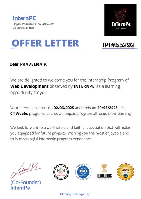 Internshipopportunity Webdevelopment Learningjourney Internpe Grateful Praveena P