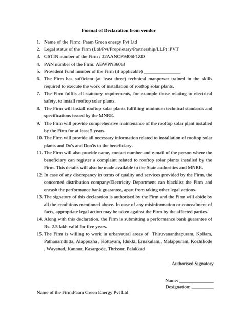Format Of Declaration From Vendor 02 Pdf