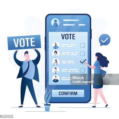 남성 정치인은 온라인 투표를 촉구합니다 휴대 전화로 투표하는 여성 큰 스마트 폰 화면에 후보자가있는 투표 용지 페이지 국민 투표 또는 선거 모바일 전자 투표를위한 응용
