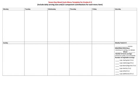 Cycle Menu Template Cycle Menu Template K And Seven Day With Menu Chart