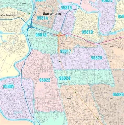 Colorcast Zip Code Style Wall Map Of Sacramento Ca By Market Maps