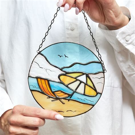 Sea Beach Landscape Stained Glass Sun Catcher Window Hanging Home Decor