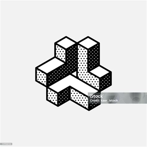 불가능한 삼각형 벡터 모양 레트로 3d 흑백 로고와 측면에 물방울 도트 패턴이 있습니다 3차원 형태에 대한 스톡 벡터 아트 및
