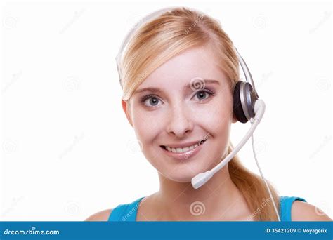 Girl With Headphones And Microphone Headset On White Stock Image Image Of Telemarketing