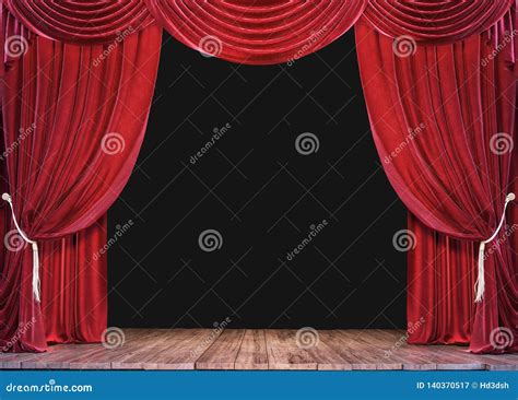 Empty Theater Stage With Wood Plank Floor And Open Red Curtains Stock