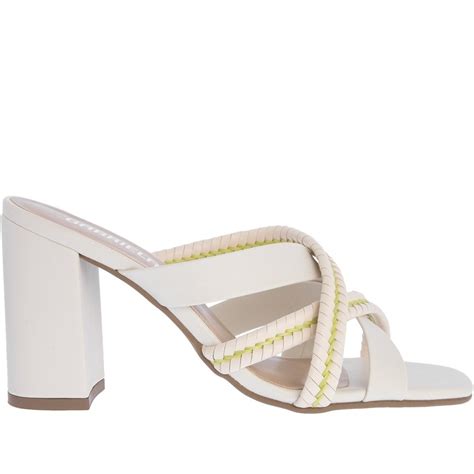 Tamanco Gabriela Salto Grosso Tiras Cruzadas Tressê Off White Branco