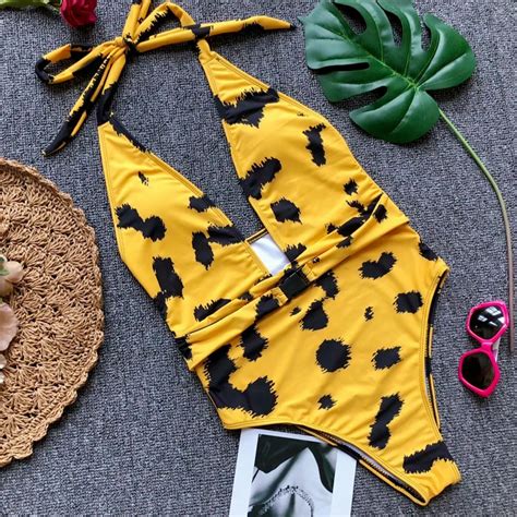 One Piece Swimsuit Swimwear Women Bodysuit Sexy Leopard Print Bathing