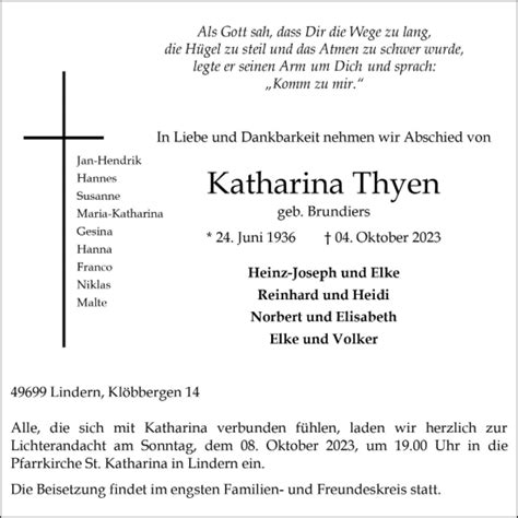 Traueranzeigen Von Katharina Thyen Om Trauerde