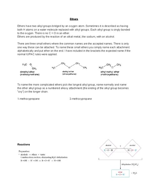 Ethers Note And Practice Ethers Ethers Have Two Alkyl Groups Bridged By An Oxygen Atom