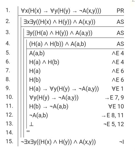 Logic How Do I Prove ∀xhx → ∀yhy → ¬axy ⊢ ¬∃x∃yhx ∧ Hy ∧ Axy