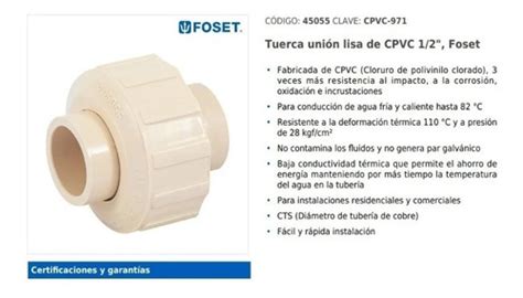Tuerca Unión Lisa De Cpvc 1 2 Foset Meses sin intereses
