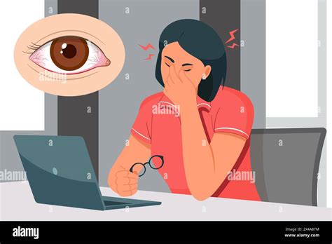 Digital Eye Strain Person Sitting On Worktable With Eye Strain Stock