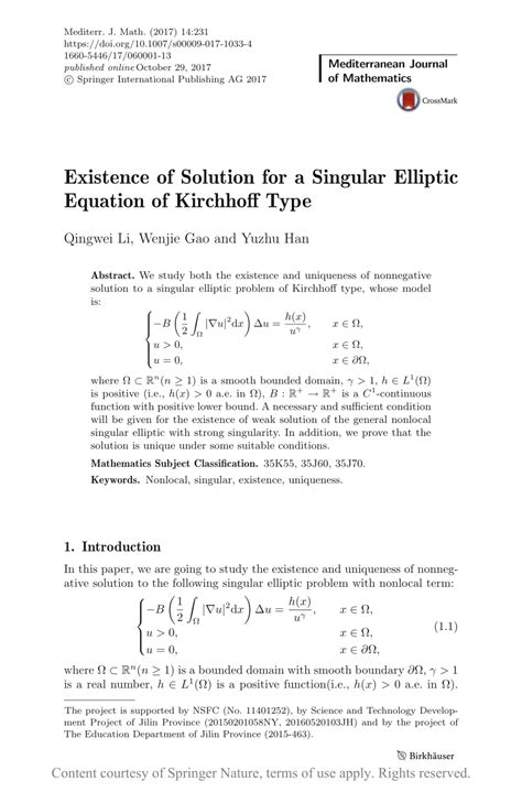 Existence Of Solution For A Singular Elliptic Equation Of Kirchhoff Type Request Pdf