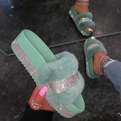 Faux Fur Slides Rhinestones Nidouloveshop