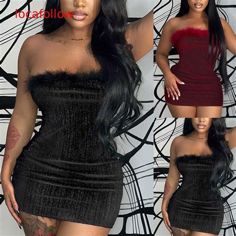 【locafollow】women Sexy Fuzzy Trim Off Shoulder Velvet Bodycon Mini