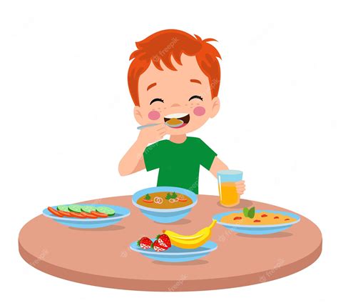 Милый маленький мальчик ест за обеденным столом Премиум векторы