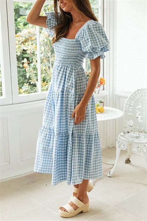 Plaid Square Neck Puff Sleeve Midi Dress Puff Sleeve Midi Dresses