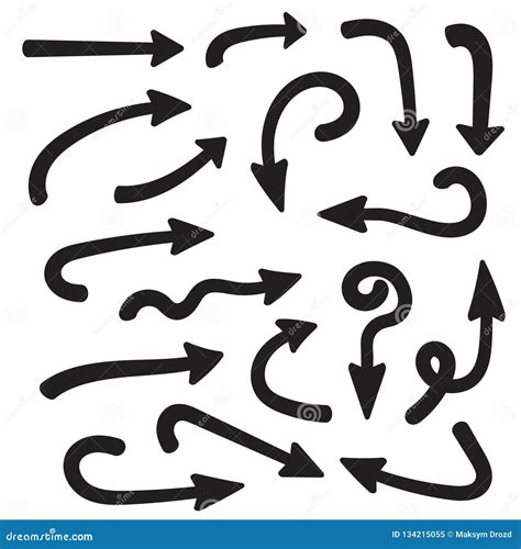 Set Of Vector Curved Arrows Hand Drawn Sketch Doodle Style Collection Of Pointers Stock