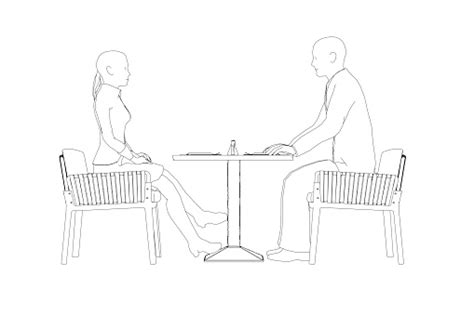 테이블에서 서로 마주 보는 의자에 앉아있는 남자와 여자의 윤곽선 면접 측면 View 벡터 일러스트 레이 션 마시기에 대한 스톡