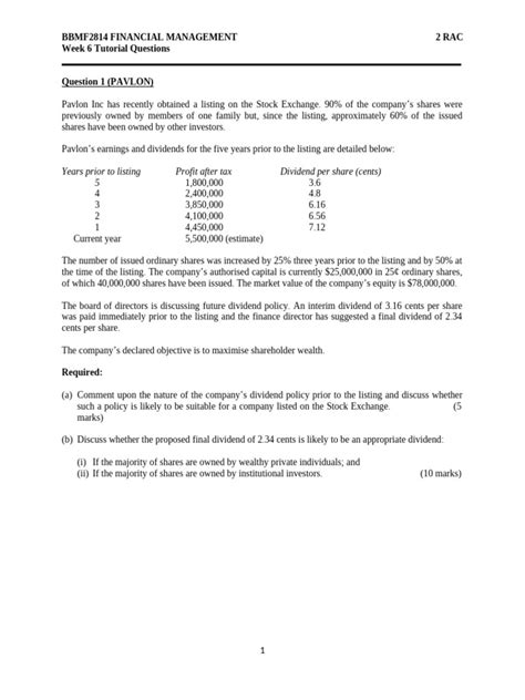 Week 6 Tutorial Questions Pdf Dividend Share Finance