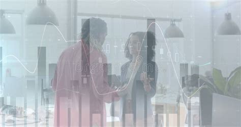 Animation Of Graphs Processing Data Over Diverse Colleagues With Tablet Talking In Office Stock