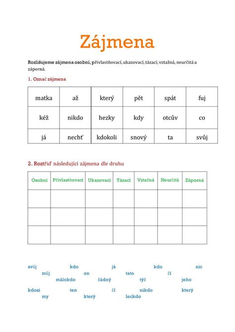 Pracovní list Zájmena worksheet
