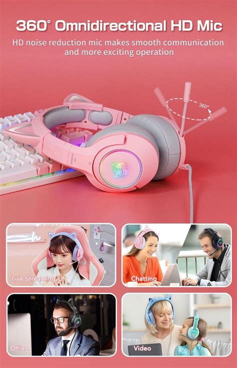 Onikuma K9 Pink Cat Ear Headphones With Rgb Led Light Flexible Mic