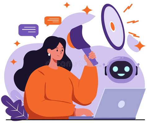 Woman Using Laptop With Ai Chatbot And Megaphone Stock Illustration Illustration Of