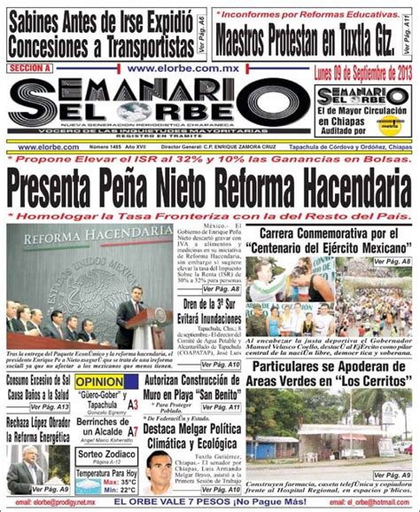 Periódico El Orbe México Periódicos De México Edición De Lunes 9