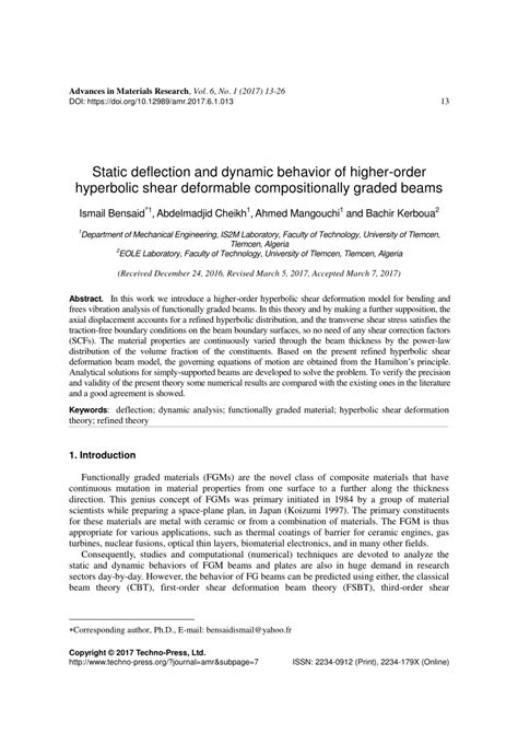 Pdf Static Deflection And Dynamic Behavior Of Higher Order Hyperbolic Shear Deformable