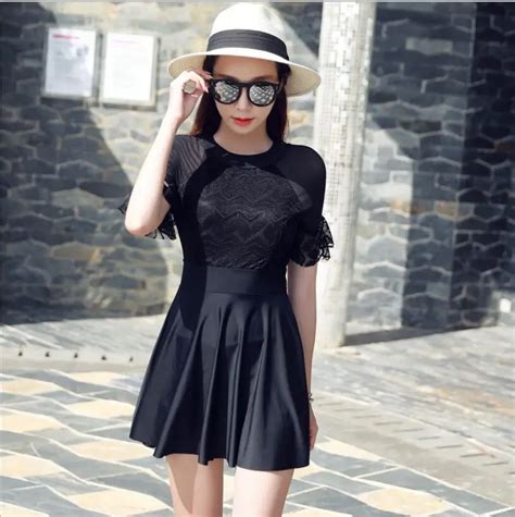 2019 Black One Piece Swimsuit Short Sleeve Black Swimwear Sexy Skirt High Neck Bathing Suit